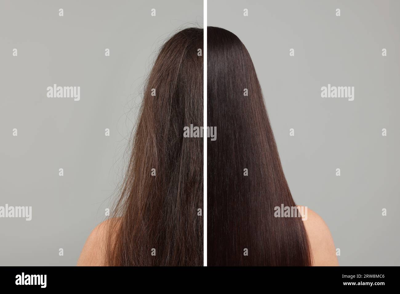 Photo of woman divided into halves before and after hair treatment on ...
