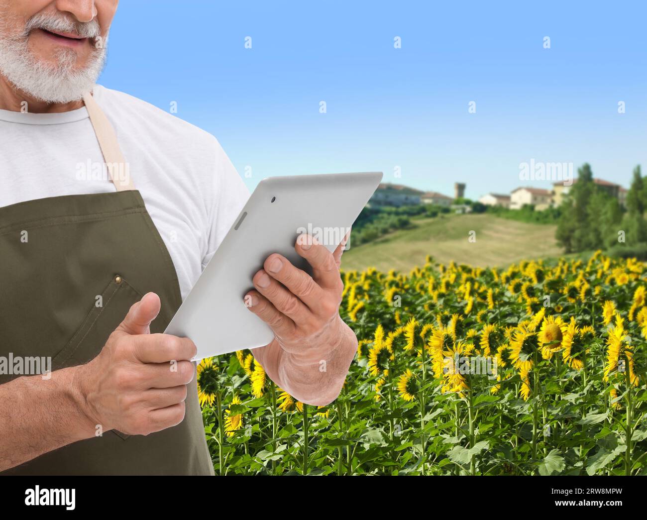 Farmer with tablet computer in field, closeup. Harvesting season Stock ...