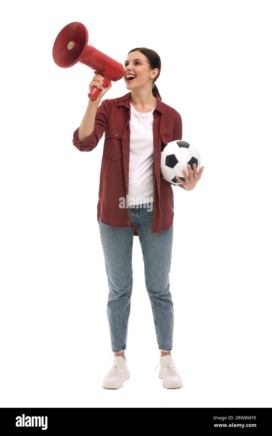 Emotional sports fan with soccer ball and megaphone on white background ...