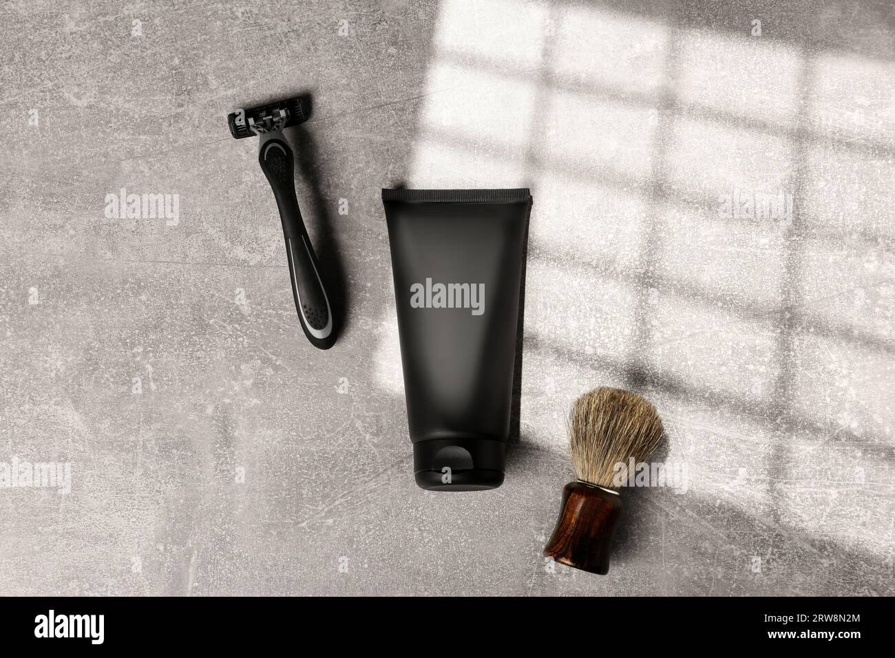 Set of men's shaving tools on light gray textured table, flat lay Stock ...