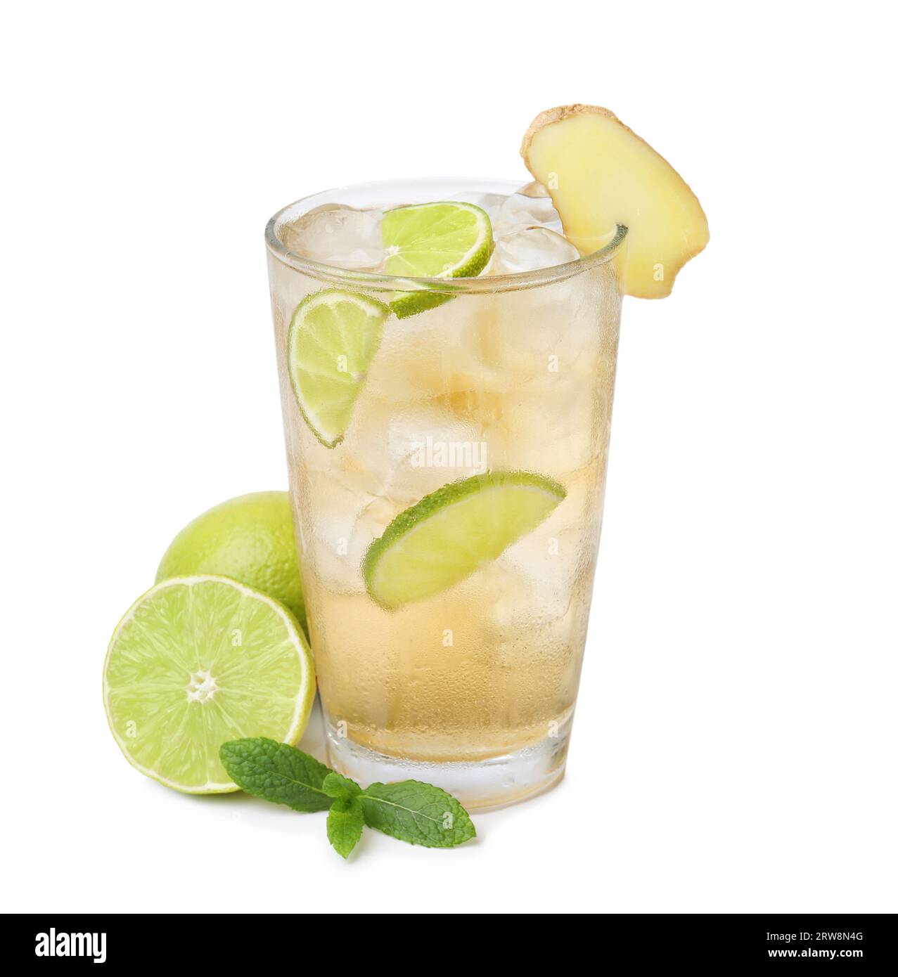 Glass of tasty ginger ale with ice cubes and ingredients isolated on white Stock Photo - Alamy