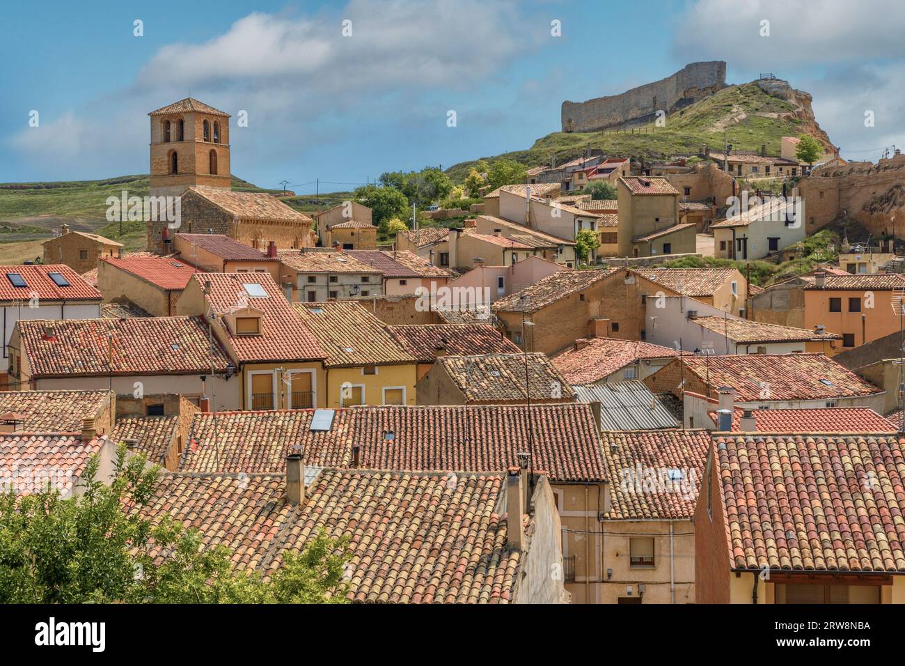 Aerial view of San Esteban de Gormaz with the tower of San Miguel and ...