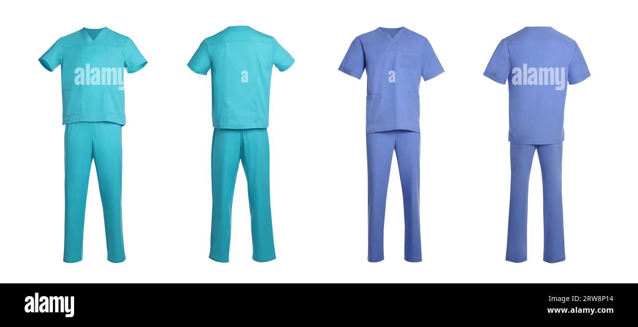 Blue and turquoise medical uniform isolated on white, collage with back ...