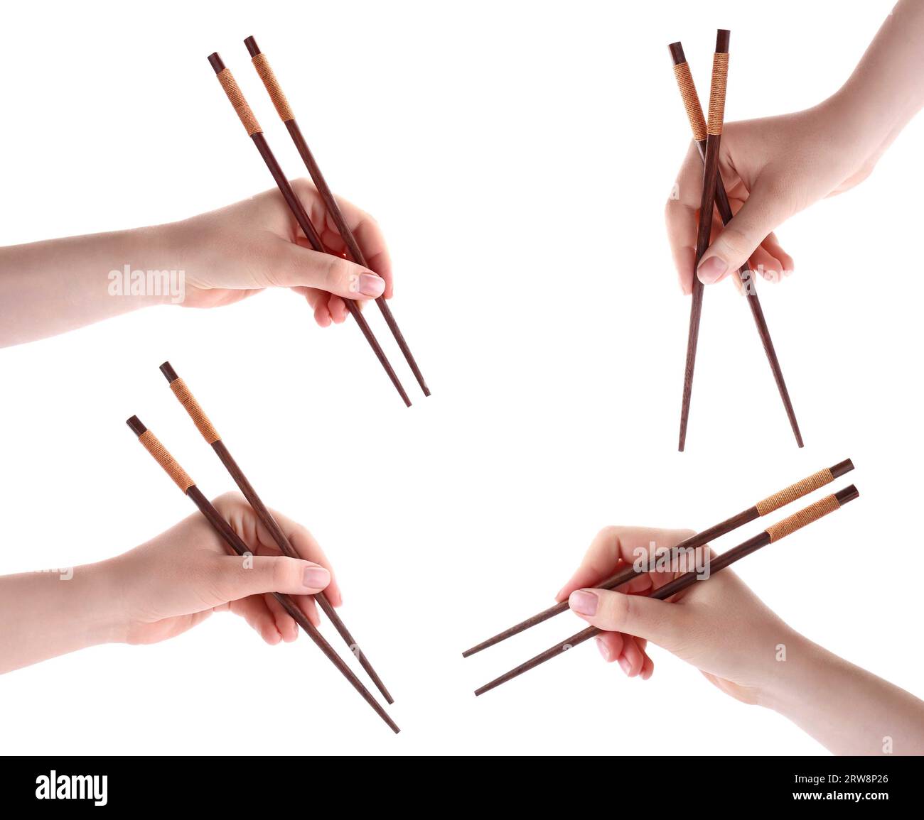 Woman holding chopsticks isolated on white, closeup. Collage with ...