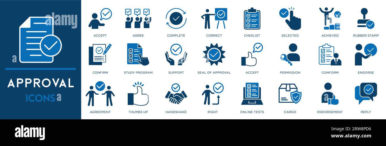 Approval icon set. Containing accept, certified, thumps up, agreement ...