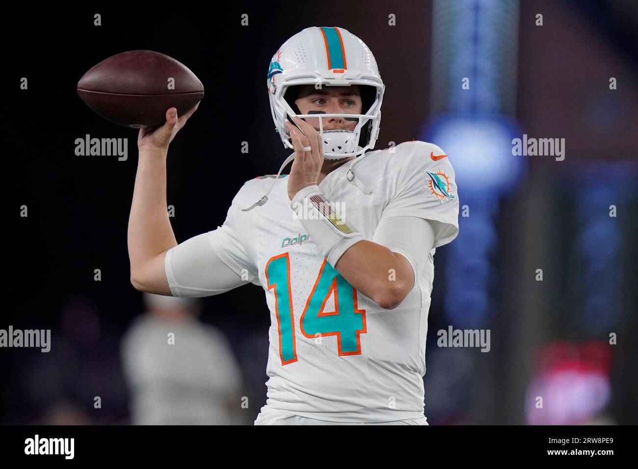 Miami Dolphins quarterback Mike White (14) warms up prior to an NFL ...
