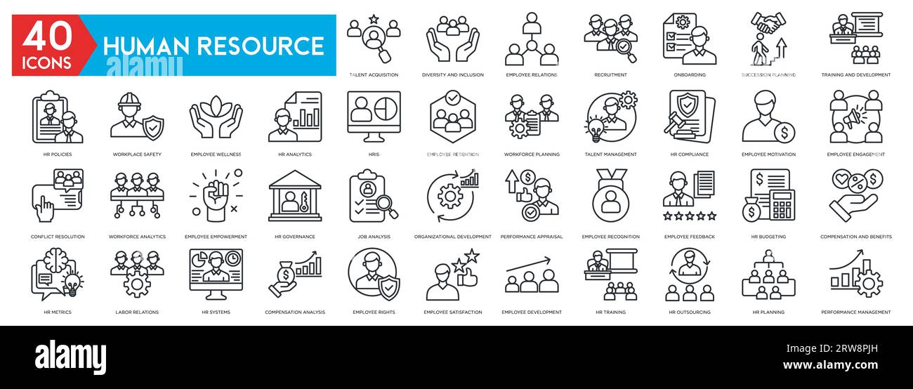 Human resources icons to business process, team work, personnel ...