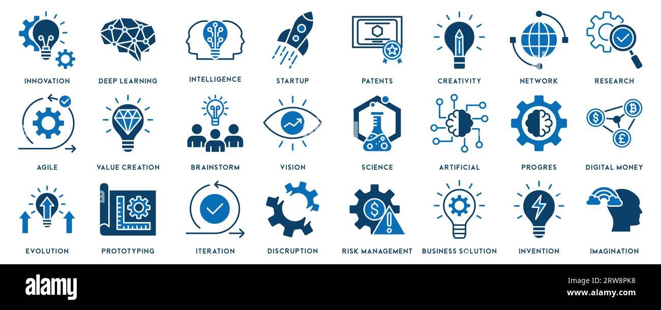 Innovation icon collection. ideas and thinking line icon set Stock ...