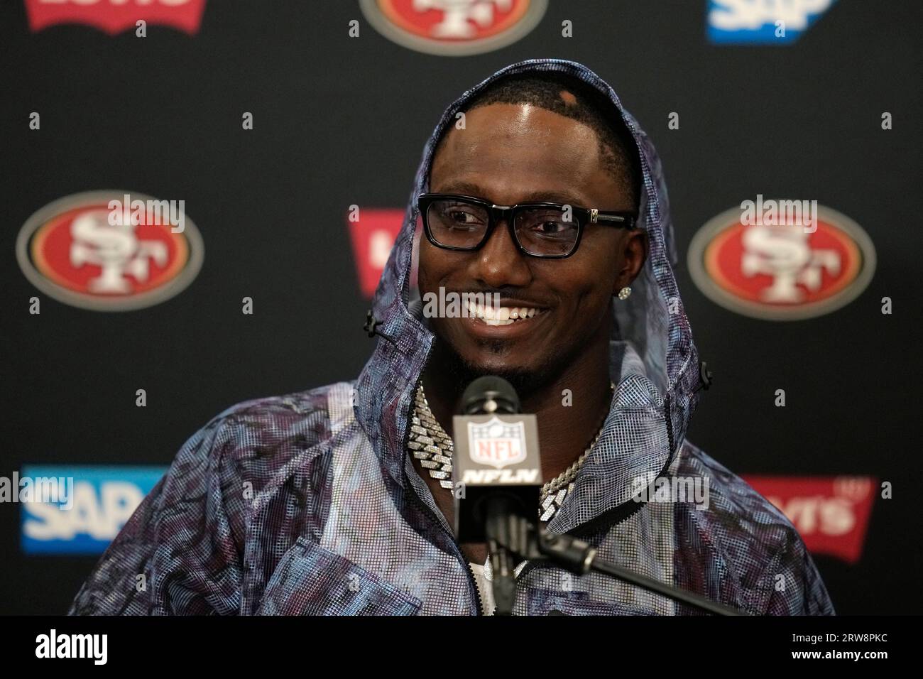 San Francisco 49ers wide receiver Deebo Samuel speaks during a news ...