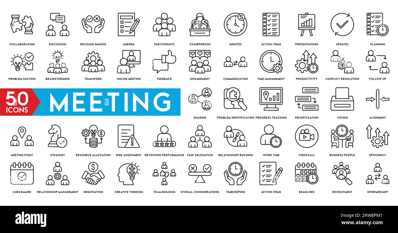 Meeting icon set. Included icons as meeting room, team, teamwork ...