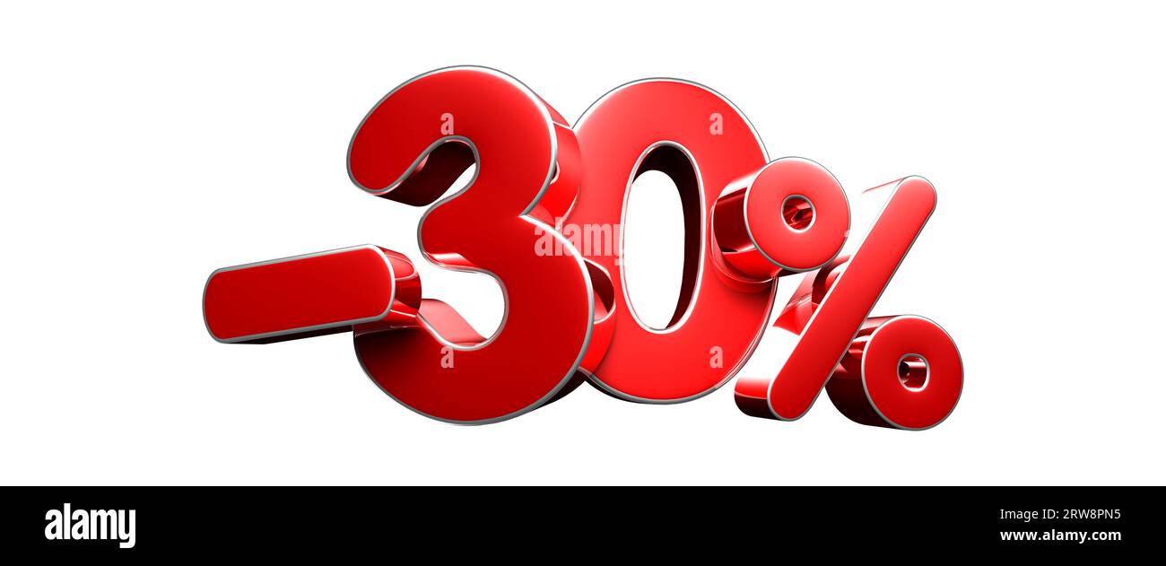 Minus 30 percent red 3D illustration on white background have work path. Advertising signs ...