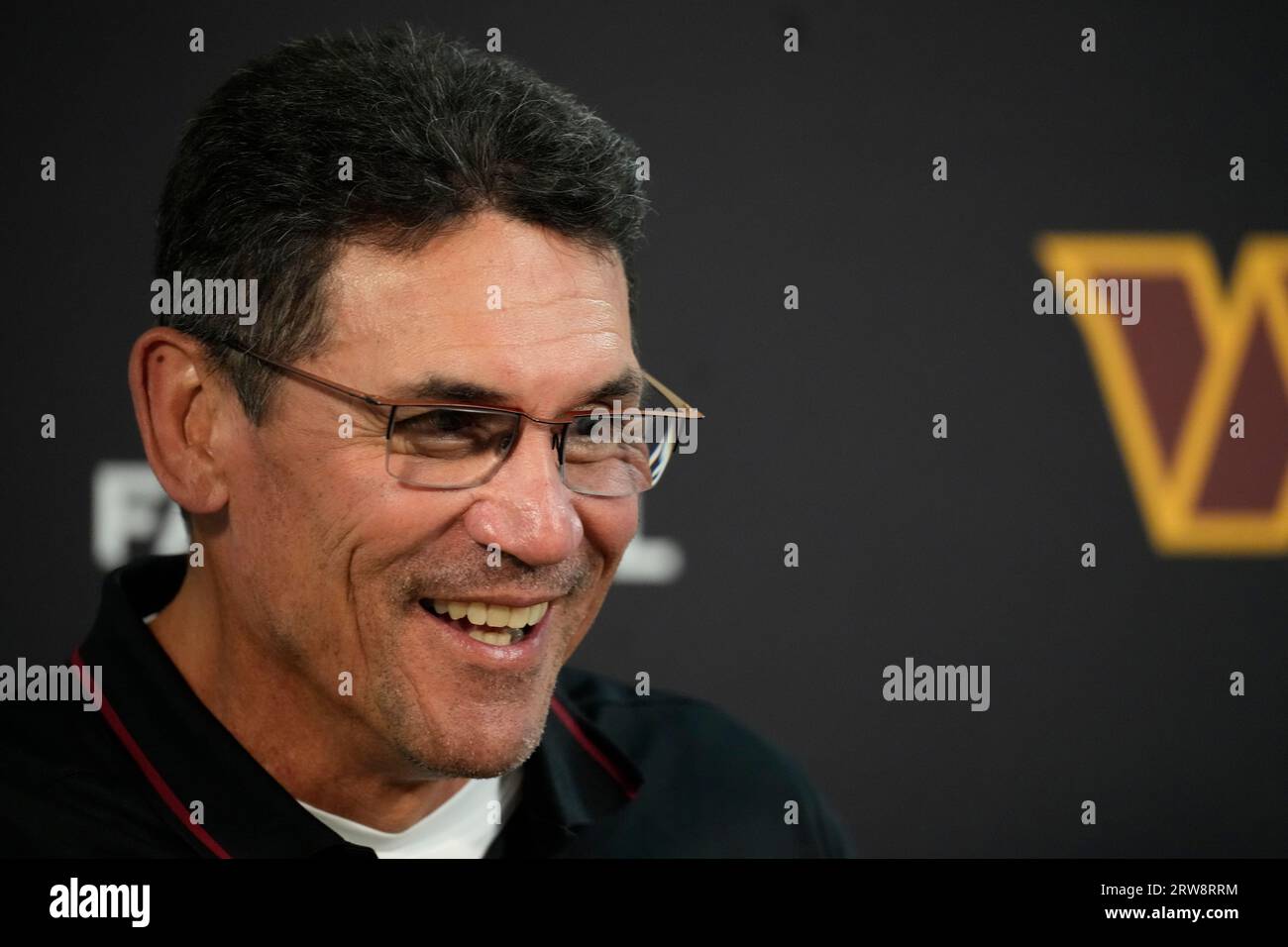 Washington Commanders head coach Ron Rivera talks to reporters after an ...