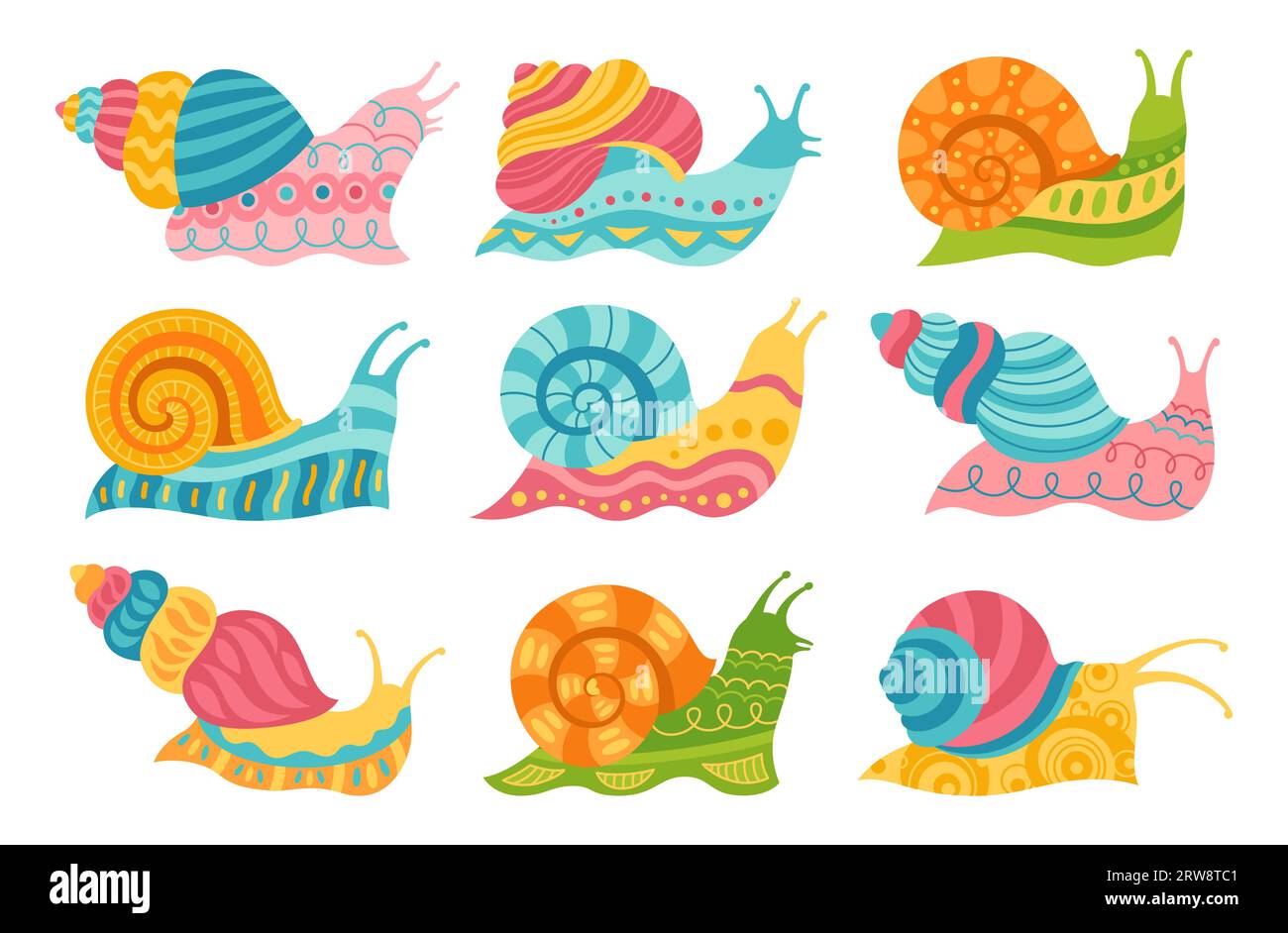 Snail child cartoon set. Funny baby spiral snails mollusk with doodle ...