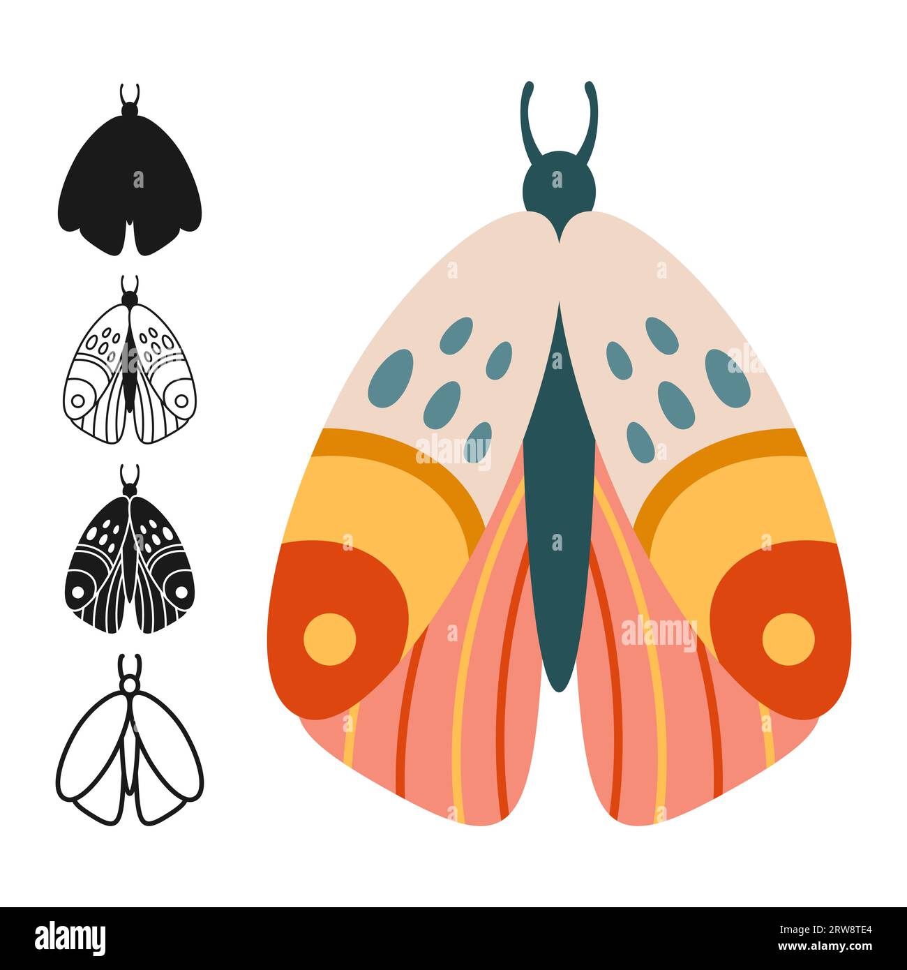 Moth stylized retro set. Mystical bohemian butterfly symbol insect ...