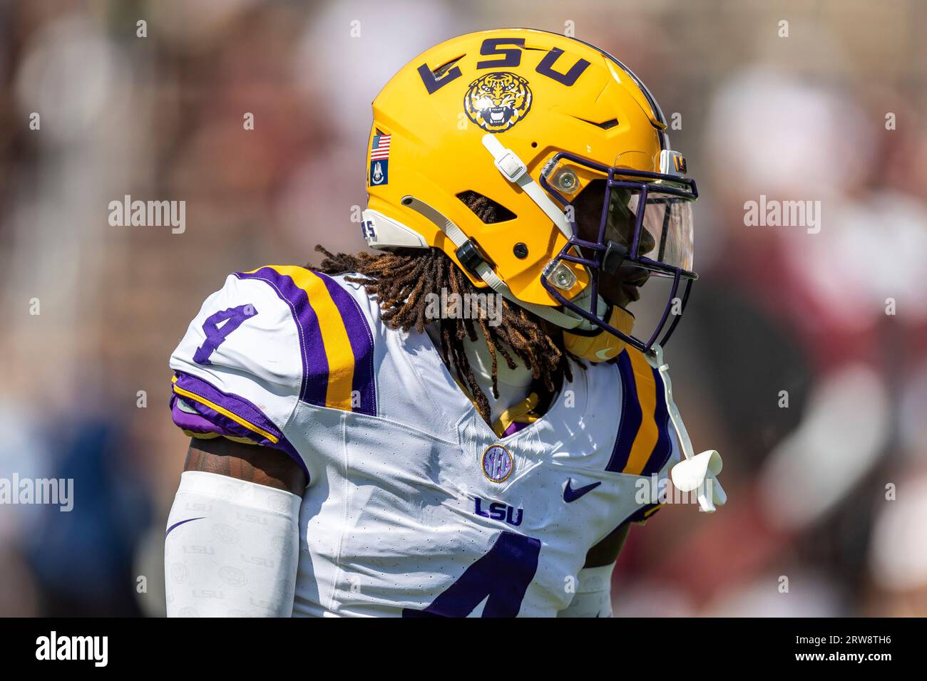 LSU running back John Emery Jr. (4) warms up before an NCAA football ...