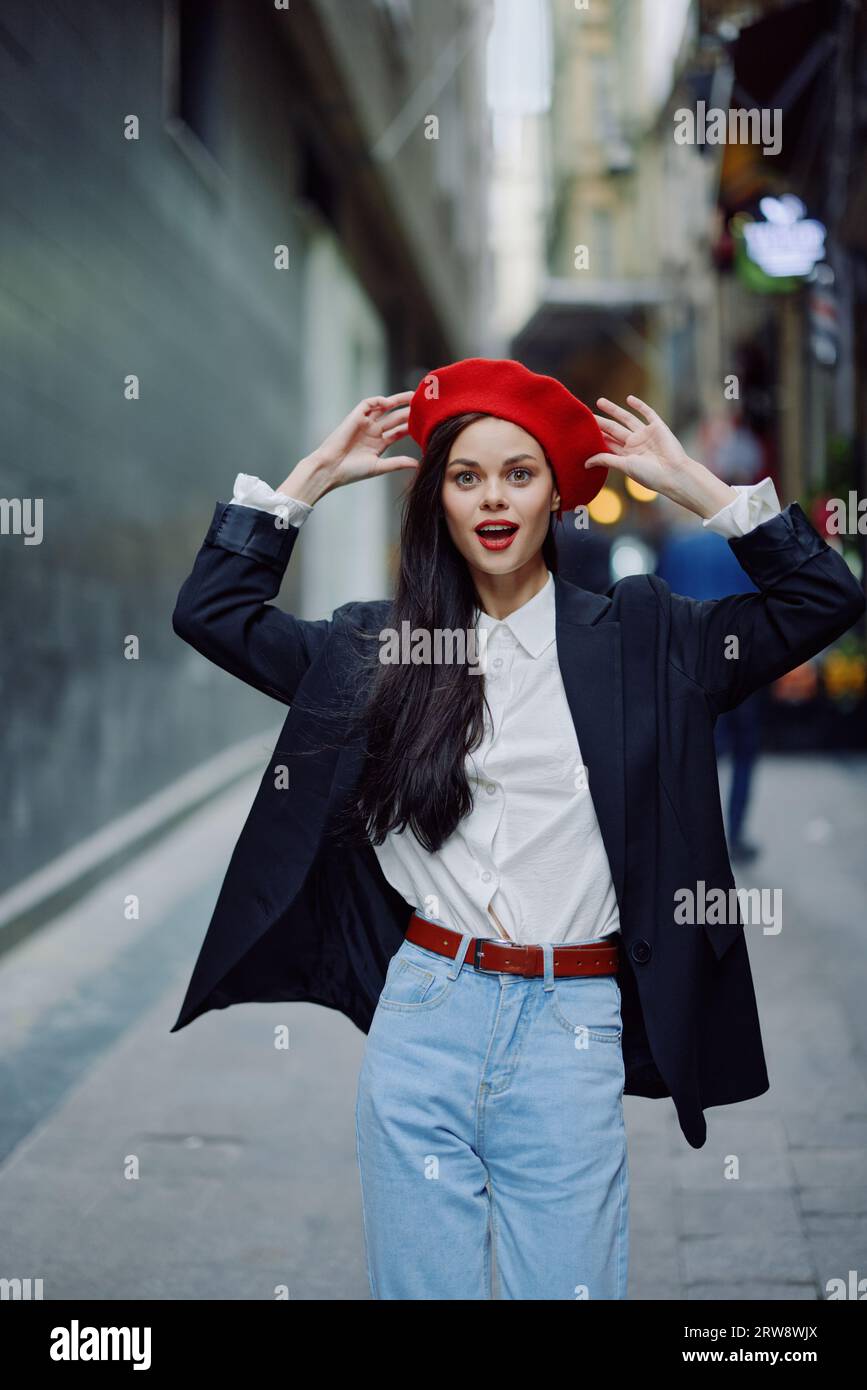 Fashion woman smile with teeth portrait stroll tourist in stylish ...