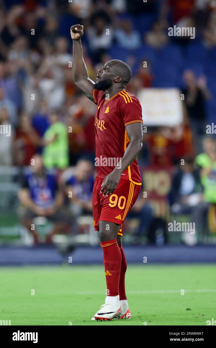 Roma’s Belgian forward Romelu Lukaku celebrates after scoring a goal ...