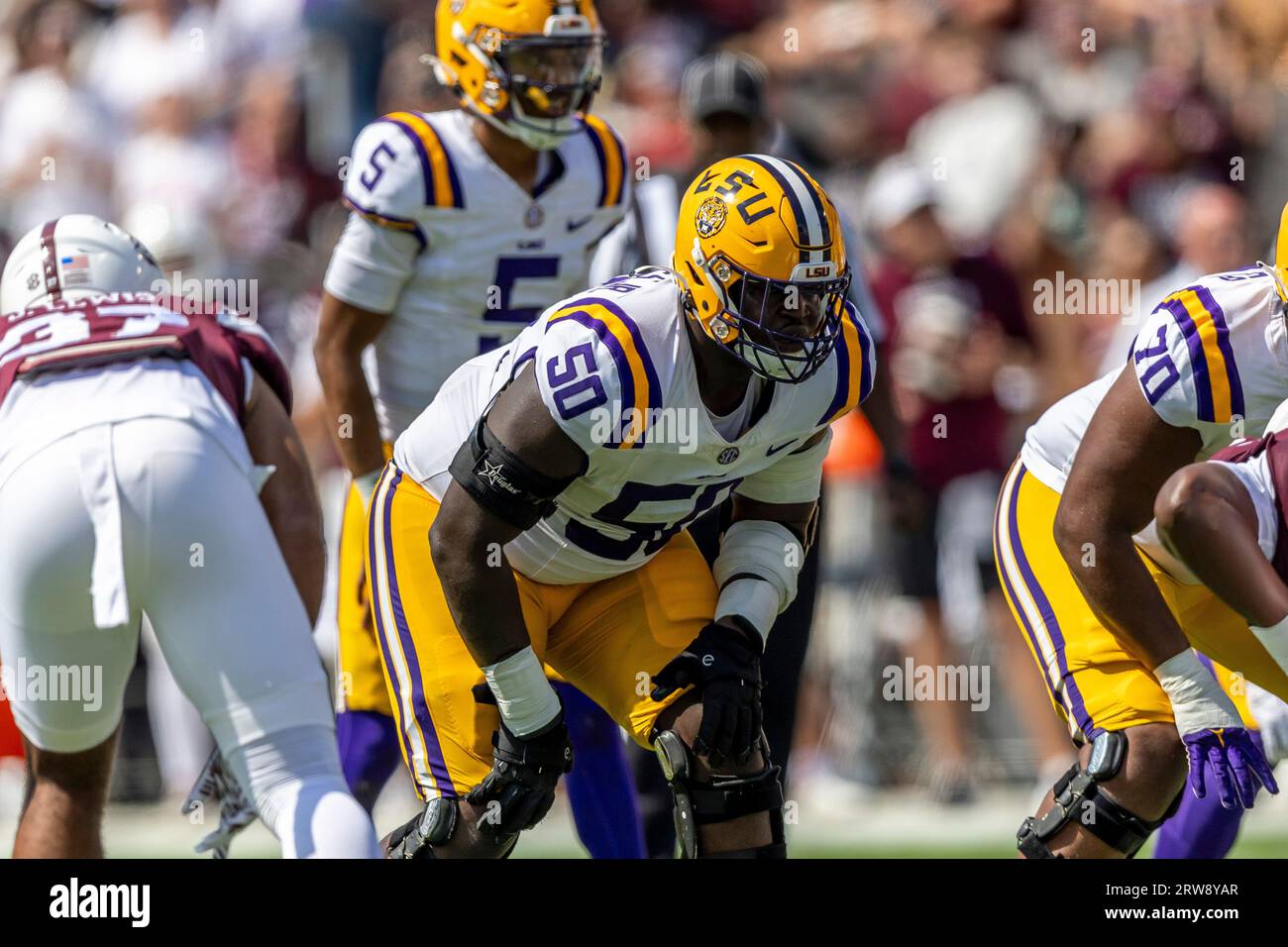 LSU offensive lineman Emery Jones Jr. (50) lines up against Mississippi State during the first ...