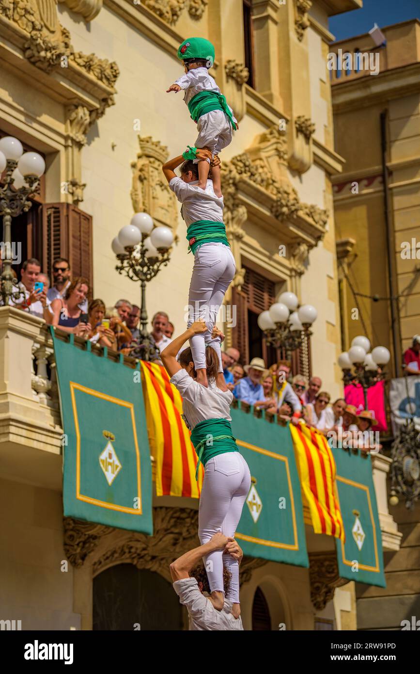 Castells (human towers) on the Sant Fèlix day of 2022. The main ...