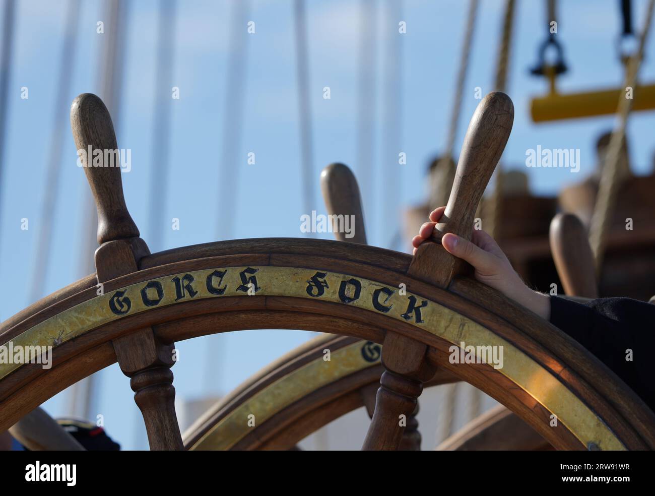 Kiel, Germany. 14th Sep, 2023. "Gorch Fock" is written on the steering ...