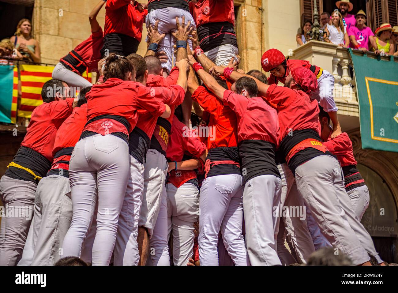 Castells (human towers) on the Sant Fèlix day of 2022. The main ...