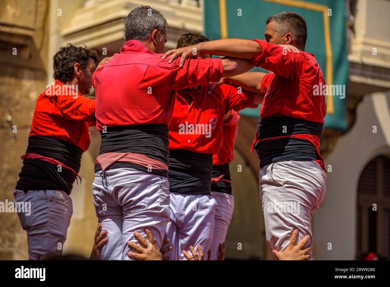 Castells (human towers) on the Sant Fèlix day of 2022. The main ...