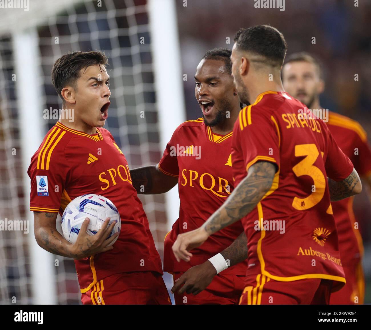 Rome. 17th Sep, 2023. Roma's Paulo Dybala (1st L) celebrates his goal ...