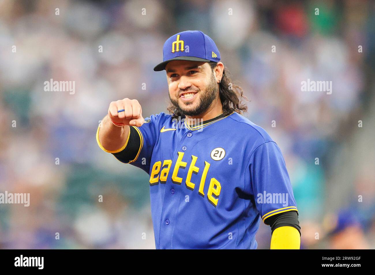 Seattle Mariners third baseman Eugenio Suarez reacts before a baseball ...