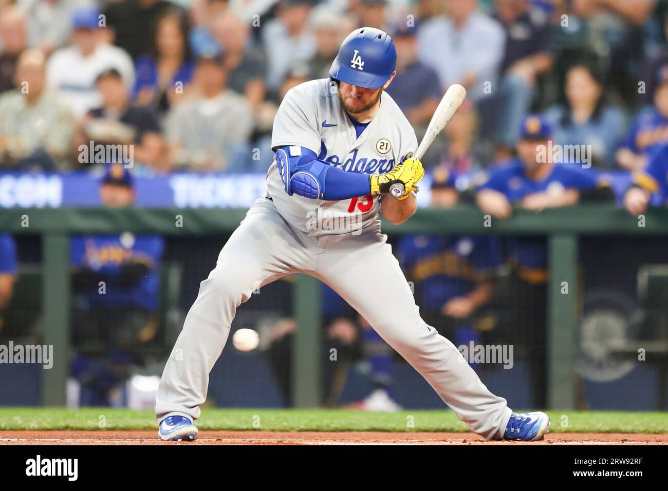 Los Angeles Dodgers' Max Muncy bats against the Seattle Mariners during ...