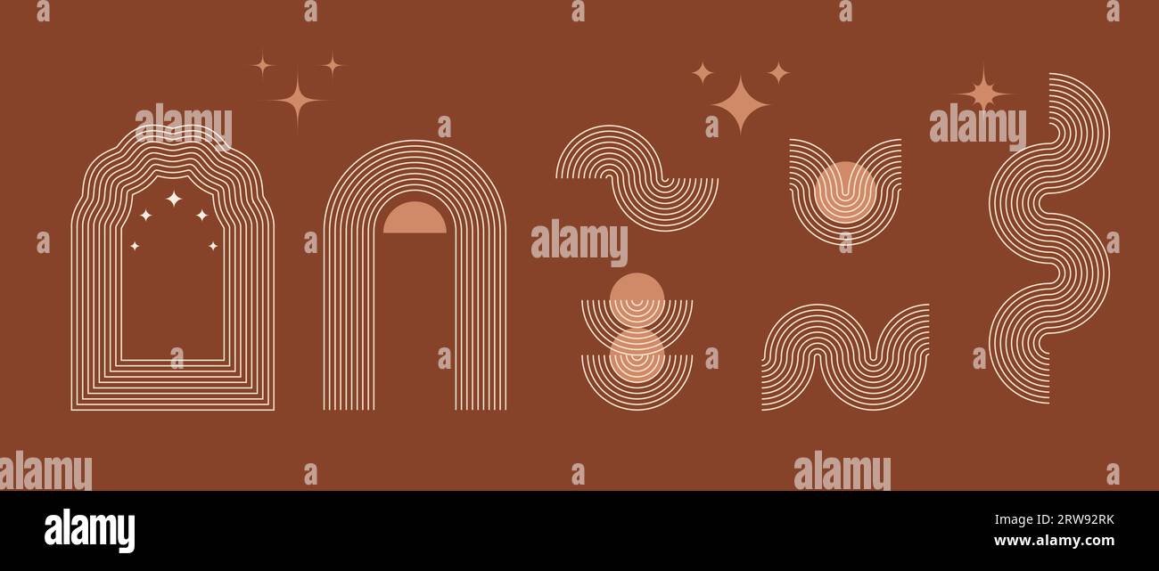 Boho style linear arch element collection. Terracotta design forms with ...