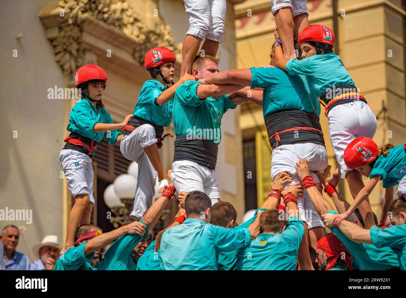 Castells (human towers) on the Sant Fèlix day of 2022. The main ...