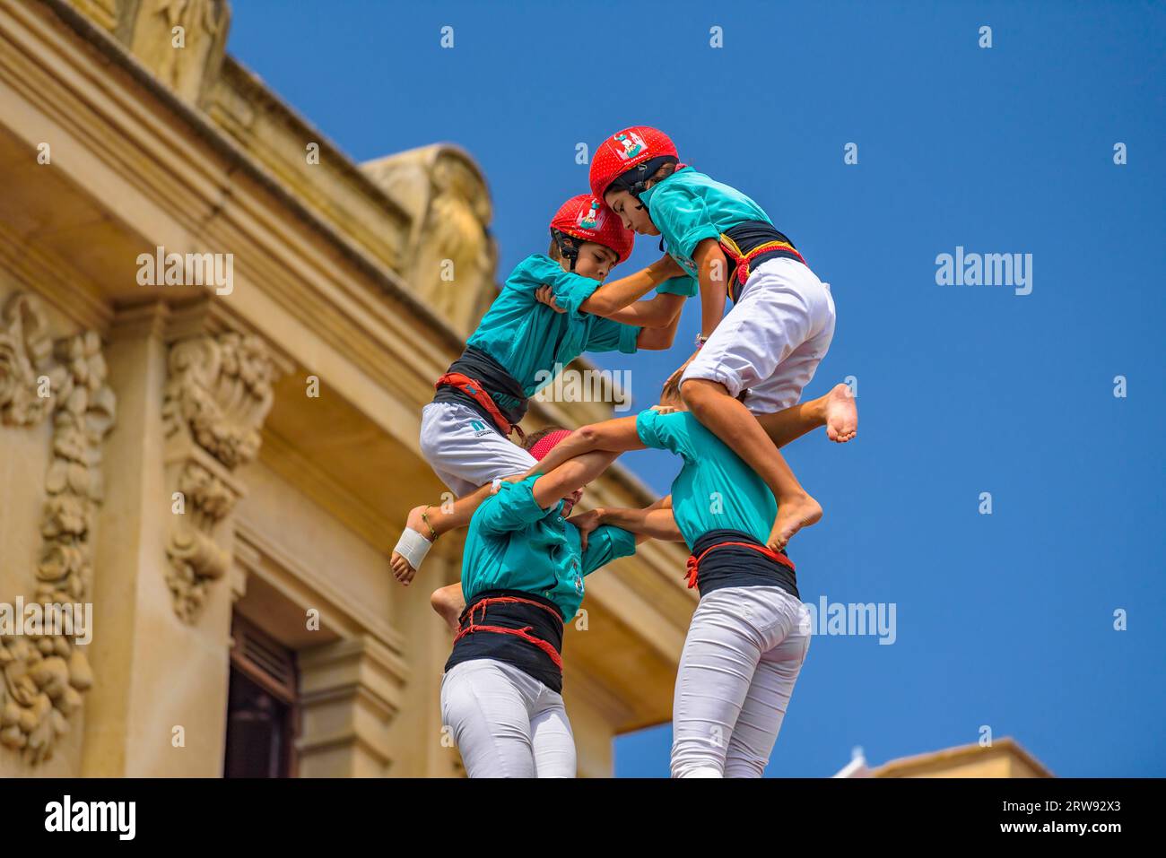 Castells (human towers) on the Sant Fèlix day of 2022. The main ...