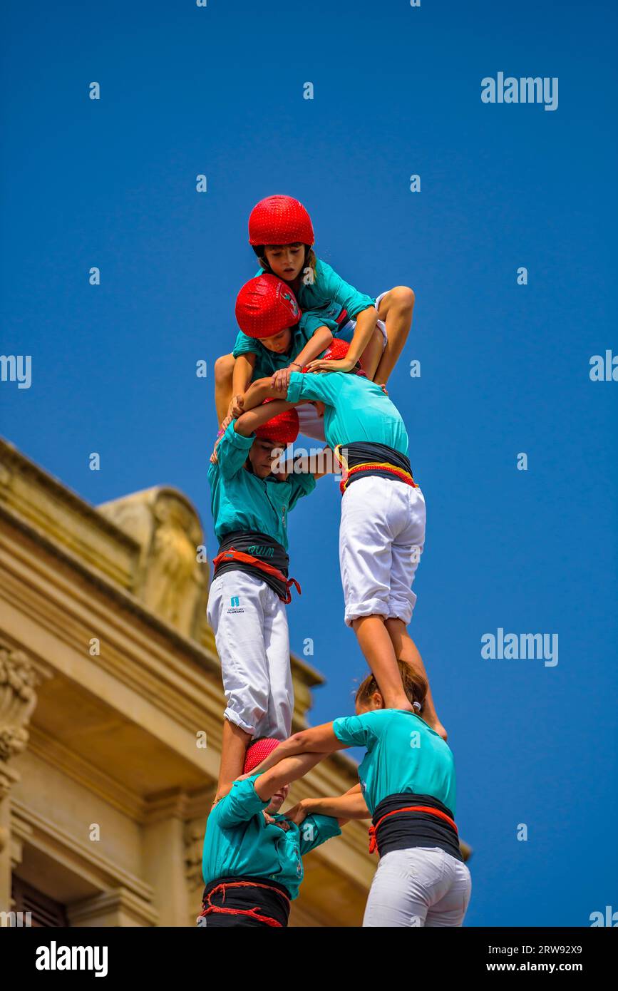 Castells (human towers) on the Sant Fèlix day of 2022. The main ...