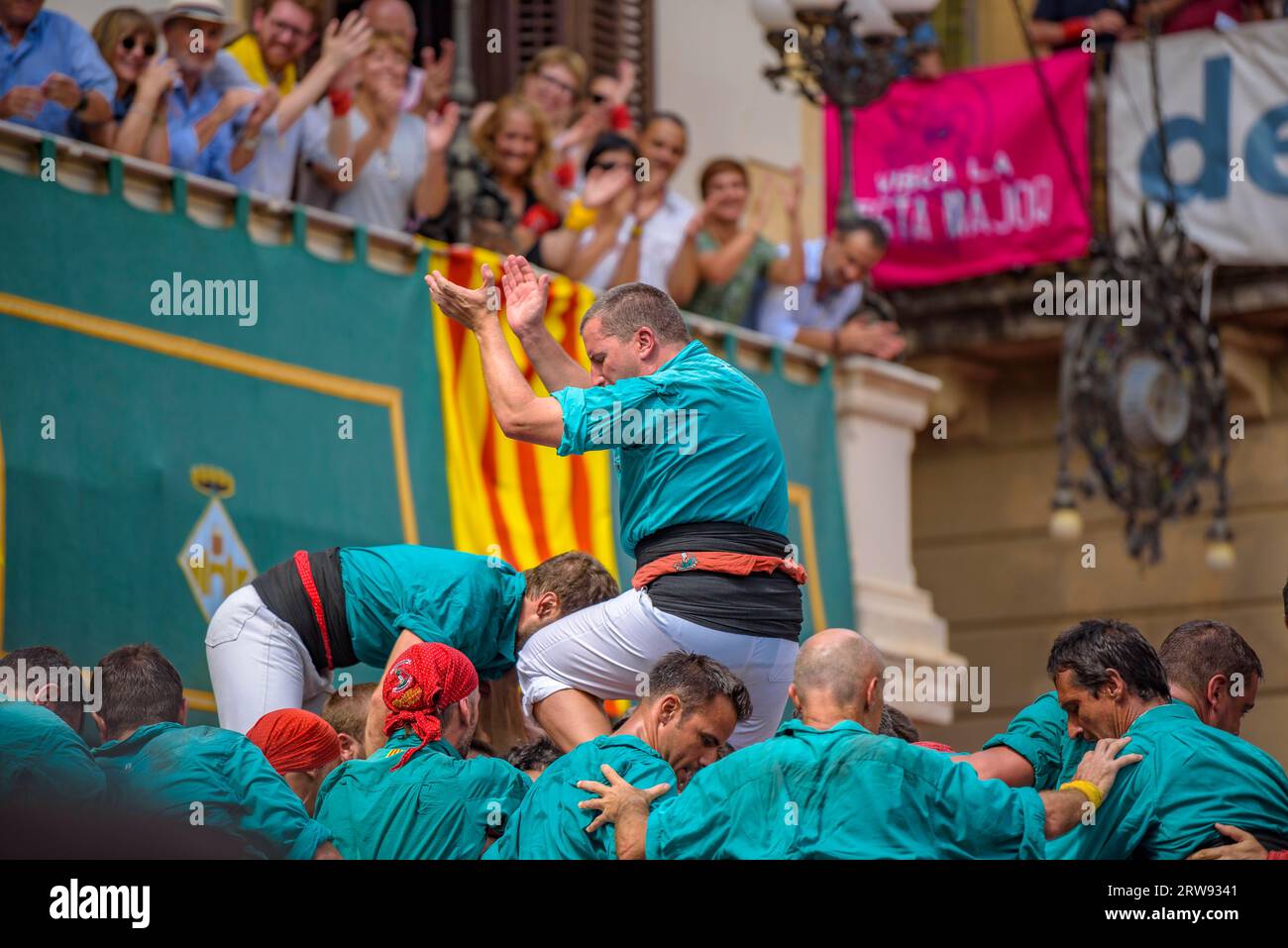 Castells (human towers) on the Sant Fèlix day of 2022. The main ...