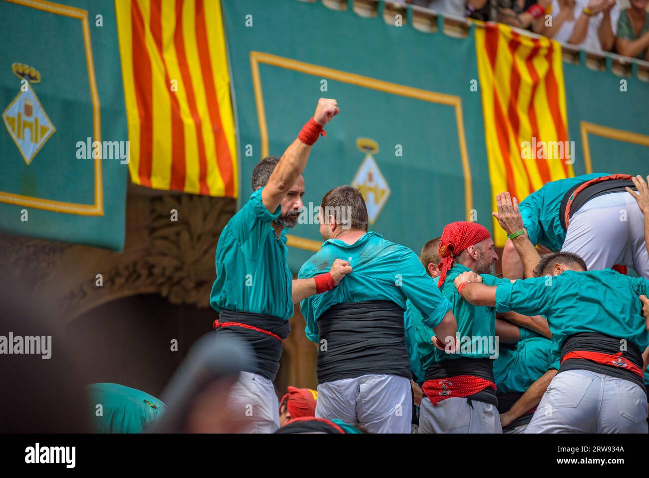 Castells (human towers) on the Sant Fèlix day of 2022. The main ...