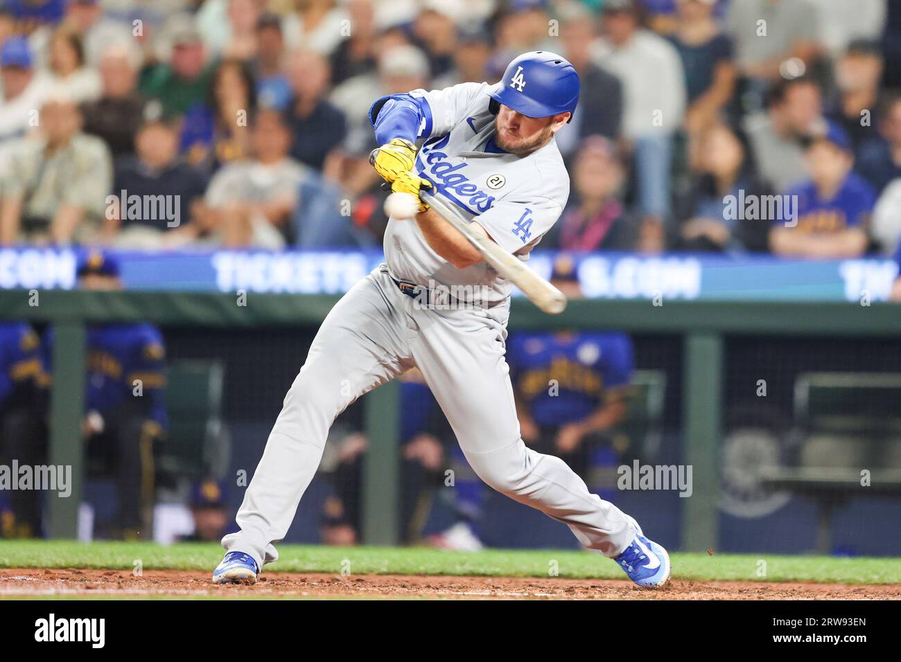 Los Angeles Dodgers' Max Muncy hits a foul ball against the Seattle ...