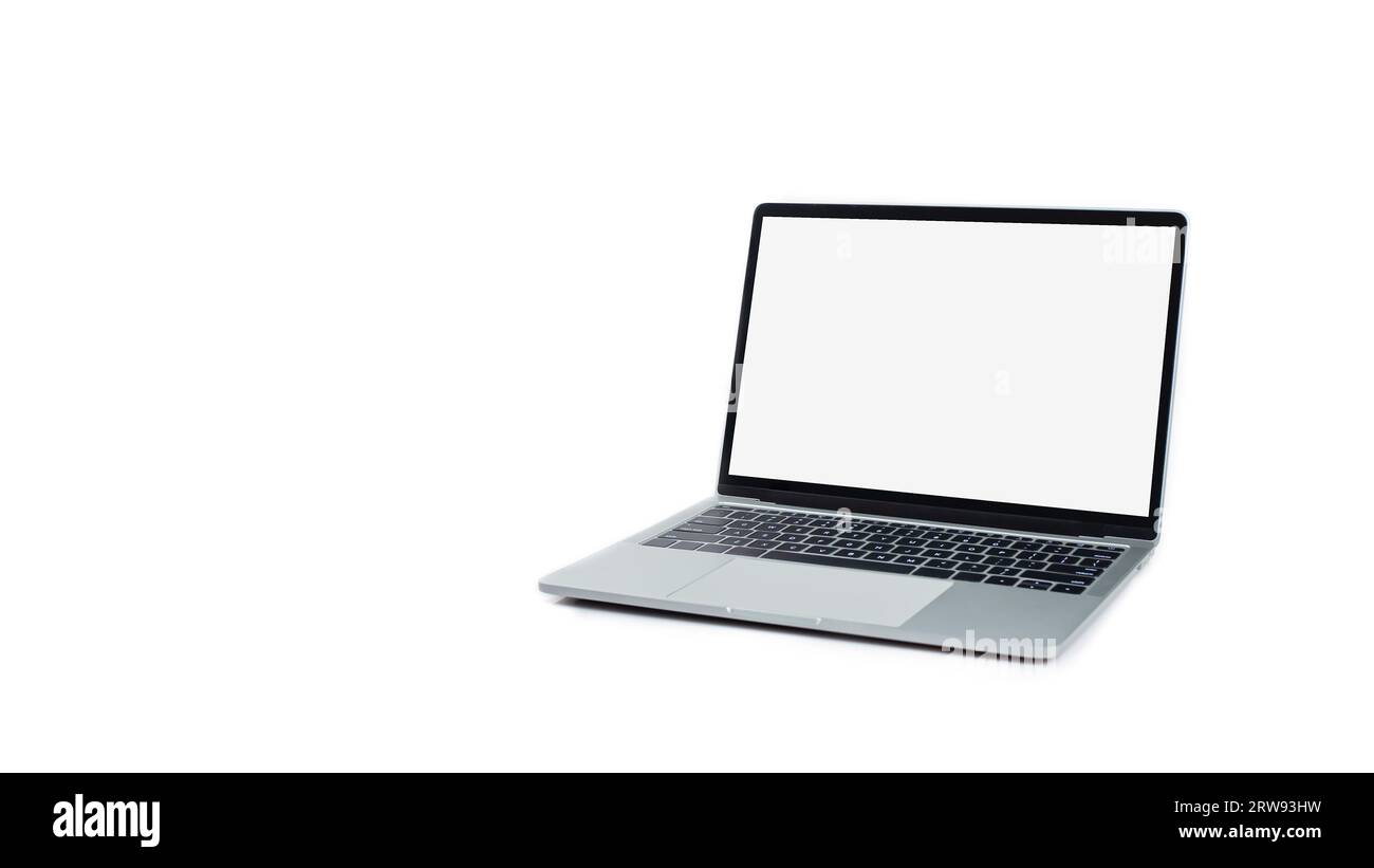 Silver laptop with blank white screen. Concepts for advertising and ...