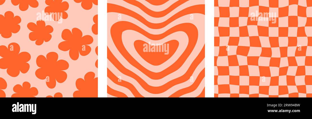 Groovy checkerboard and daisies seamless background set. Repeating ...