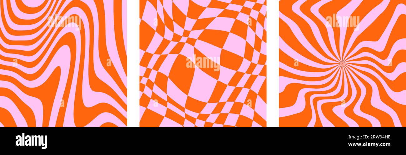 Groovy wave lines, checkerboard and sunburst background set. Colorful retro waves and checkered ...