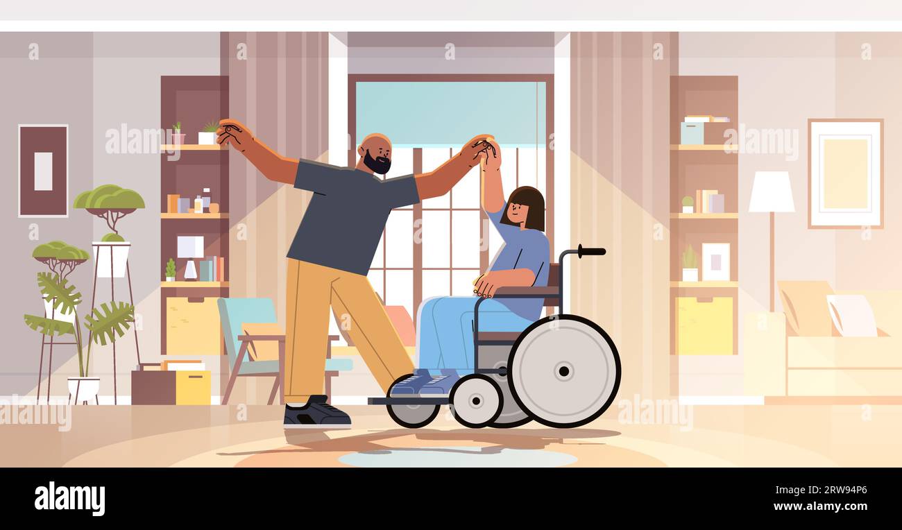 disabled woman sitting in wheelchair and dancing with man people with ...