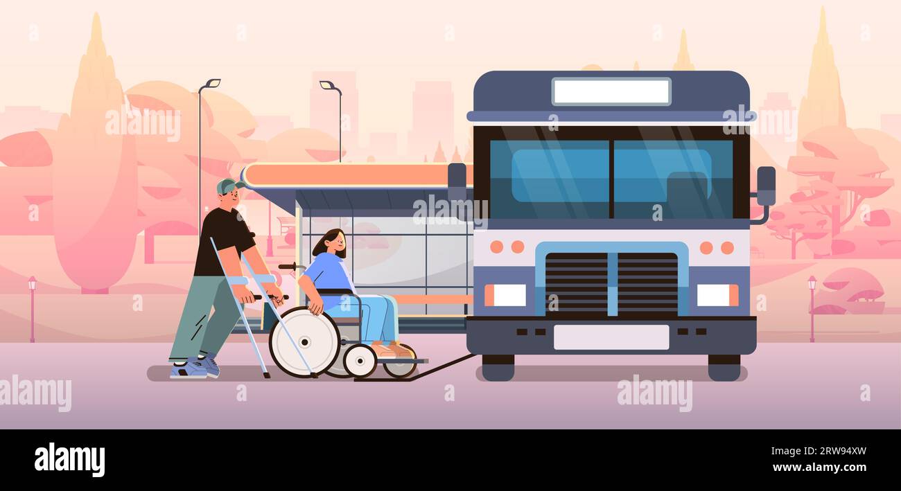 disabled passengers getting on bus with help of ramp people in ...