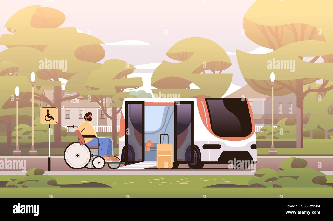 disabled passenger getting on bus with help of ramp people in ...