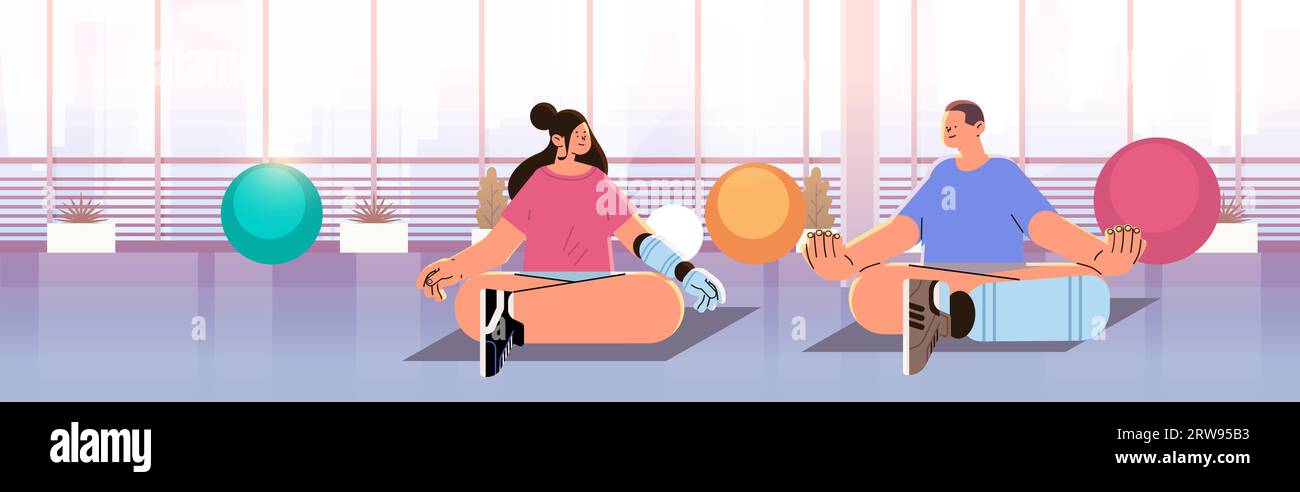 Man Woman With Replaced Robotic Implants Or Prosthesis Body Parts Sitting Lotus Pose Disabled