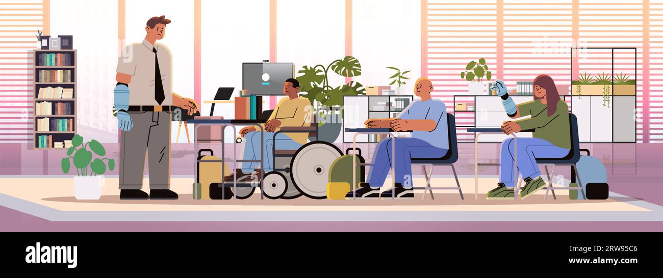 group of young disabled men and women meeting in inclusive classroom ...