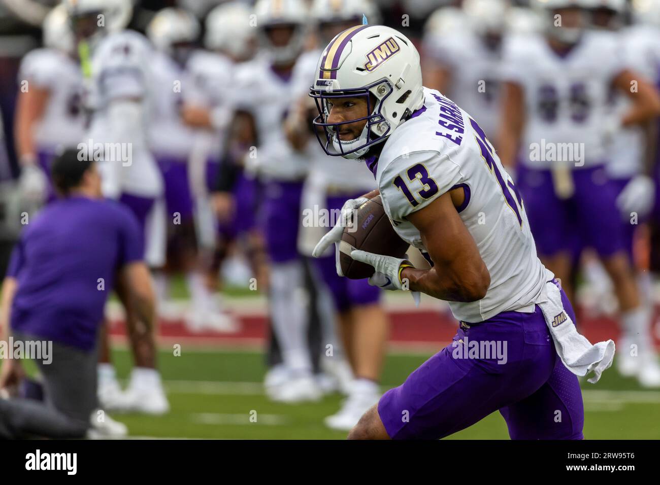 James Madison wide receiver Elijah Sarratt (13) warms up before the ...