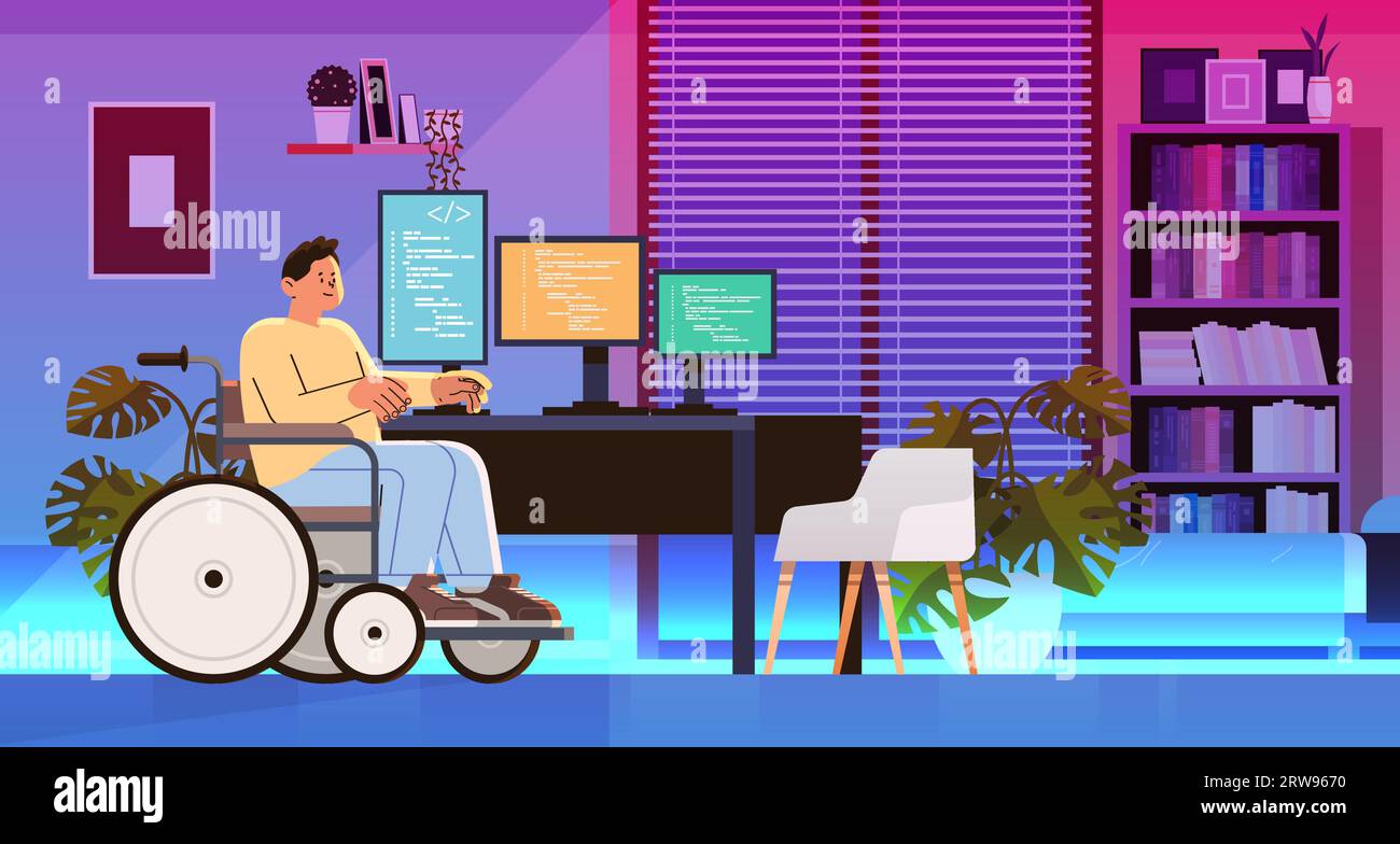 disabled man programmer in wheelchair sitting at workplace software ...