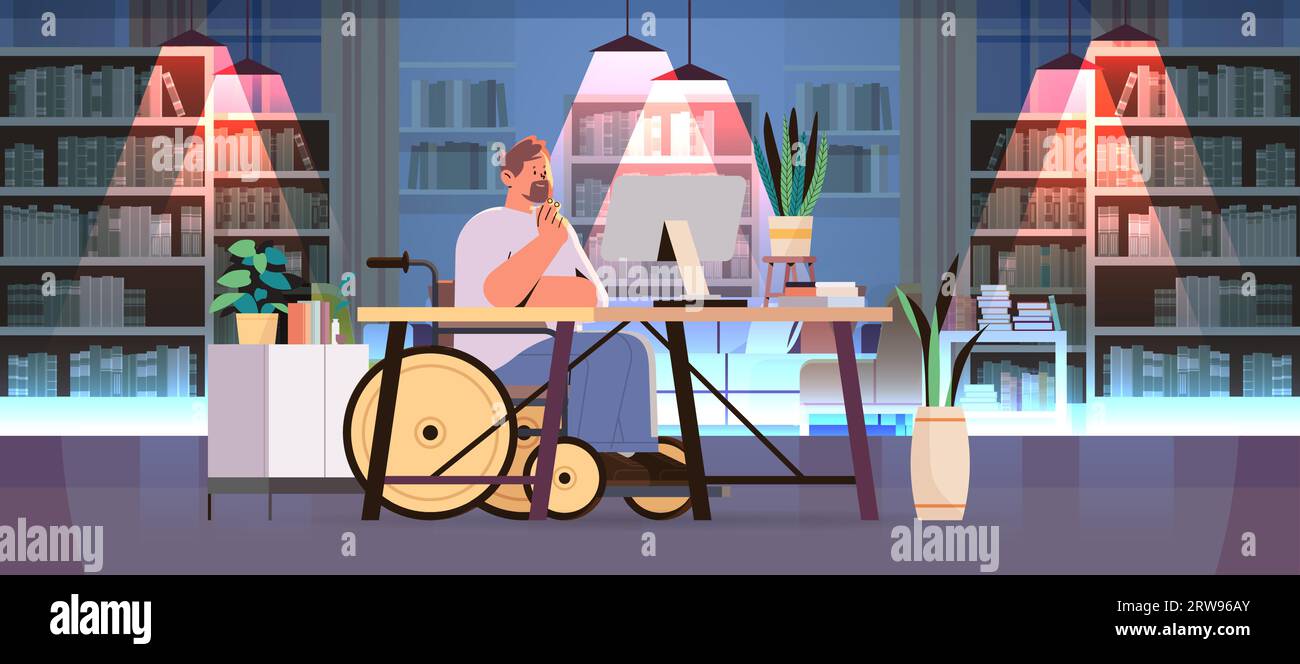 disabled man article editor in wheelchair guy working on computer ...