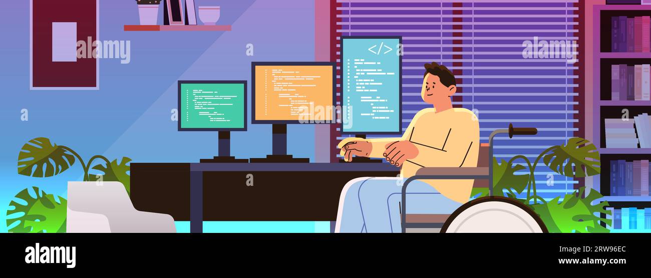 disabled man programmer in wheelchair sitting at workplace software ...