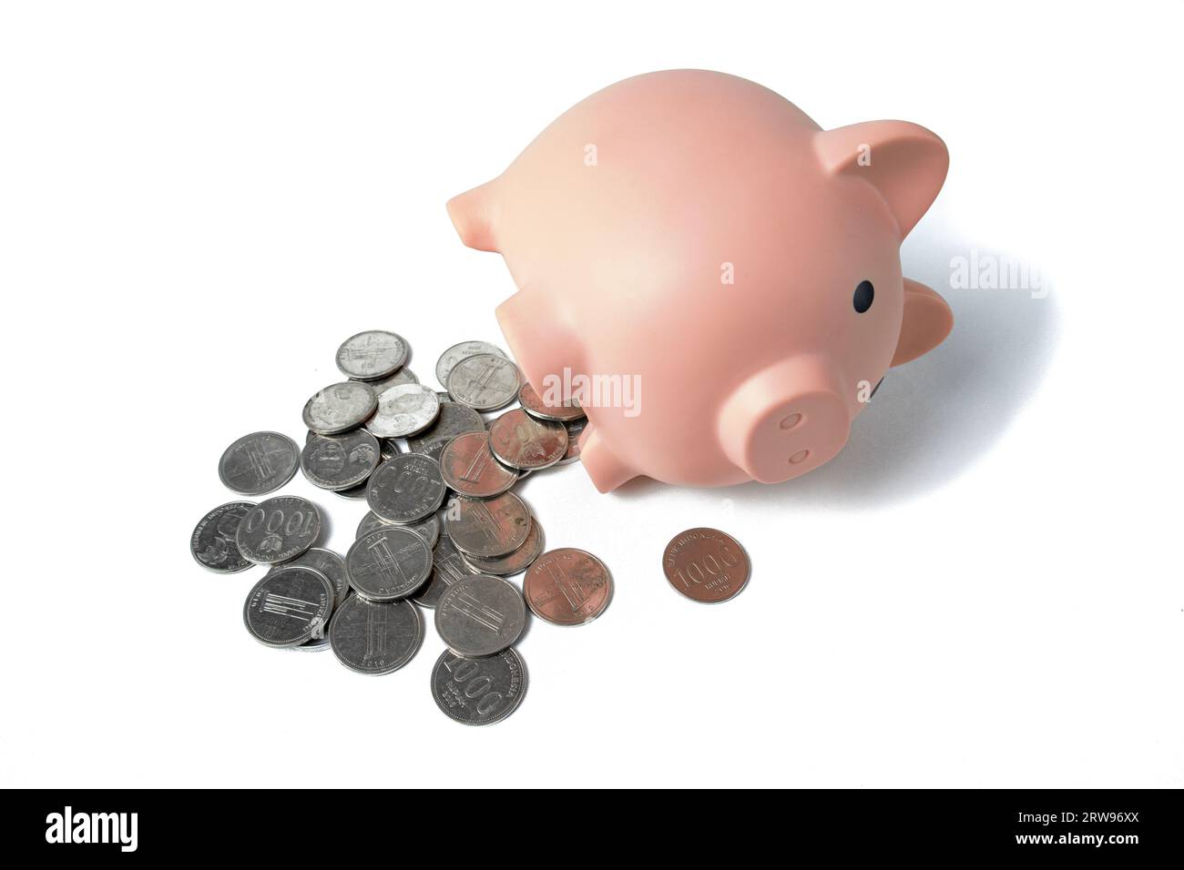 Piggy bank with stacks of coins isolated on white background Stock ...