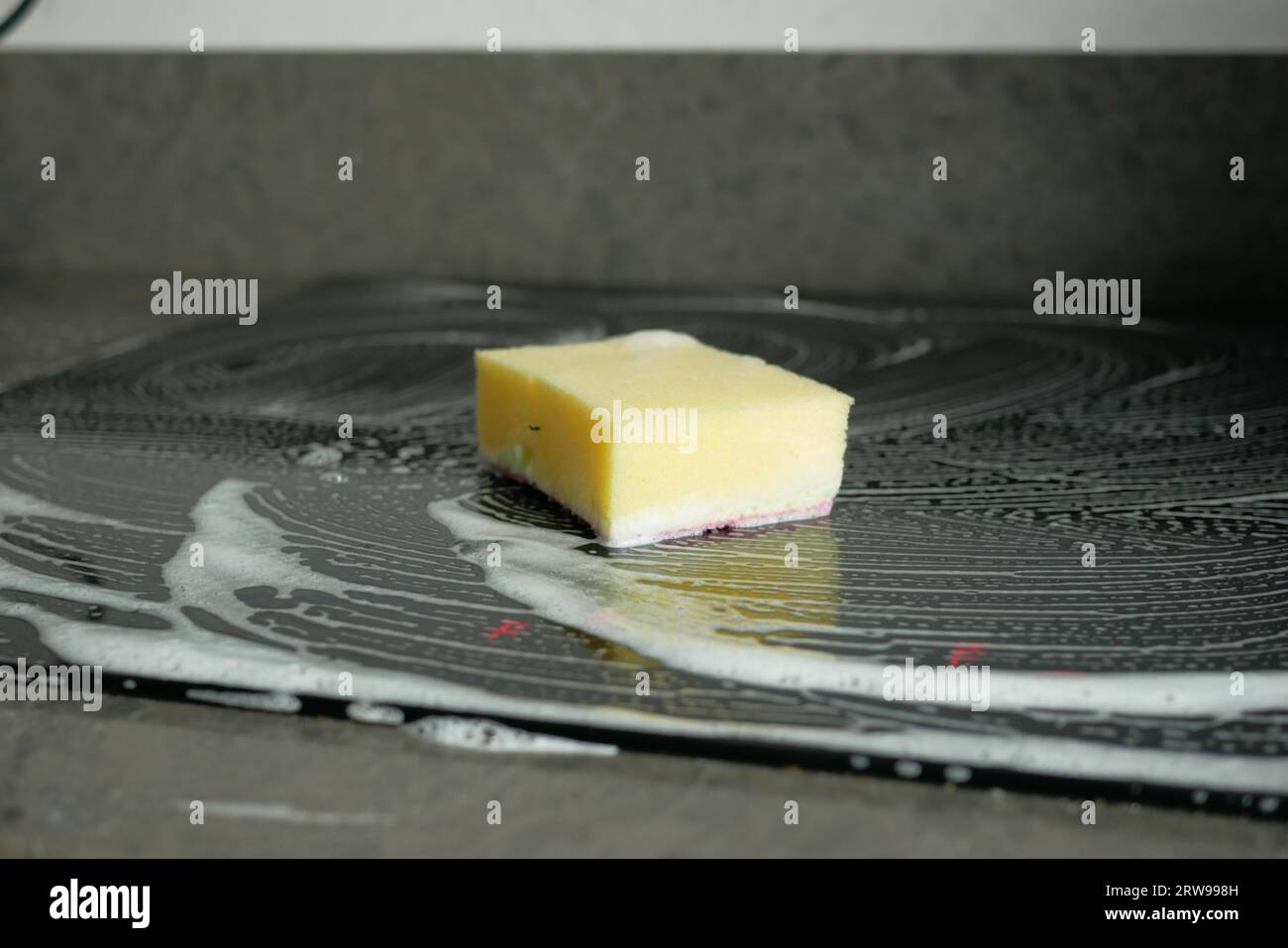 cleaning electric stove with sponge Stock Photo - Alamy